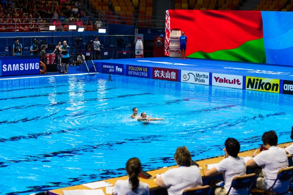 [사진] 광주세계수영선수권대회 아티스틱 수영, 듀엣 테크니컬 루틴 예선전 벨로루스의 KHANDOSHKA Vasilina ...